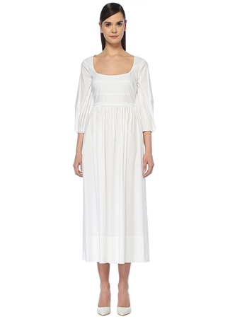 Brock Collection Kadın Beyaz Kare Yaka Beli Büzgülü Midi Elbise 6 US