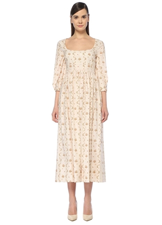 Brock Collection Kadın Beyaz Kare Yaka Çiçekli Beli Büzgülü Midi Elbise 4 US