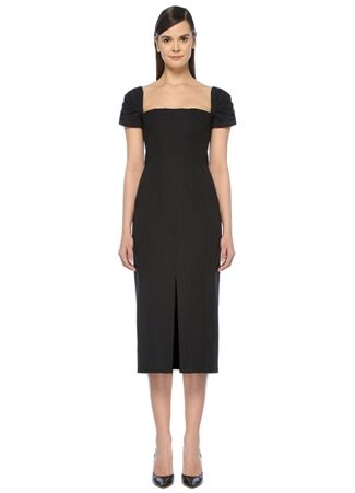 Brock Collection Kadın Siyah Kare Yaka Önü Yırtmaçlı Midi Elbise Lacivert 6 US