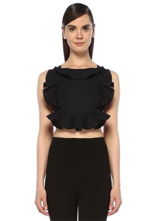 Brock Collection Kadın Siyah Fırfırlı Sırtı Çapraz Askılı Crop Bluz Lacivert 2 US