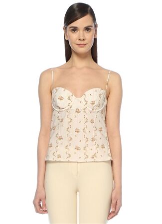 Brock Collection Kadın Ekru Kalp Yaka İnce Askılı Çiçekli Bluz Beyaz 2 US