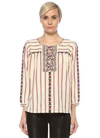 Ba&Sh Kadın Ruth Ekru Çizgili Nakışlı Truvakar Kol Bluz Bej 0 US