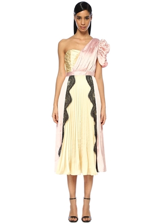 Self Portrait Kadın Trimmed Pembe Dantel Detaylı Piliseli Midi Elbise 0 US