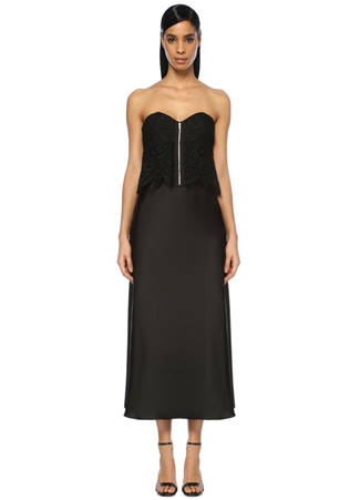 Self Portrait Kadın Siyah Dantel Detaylı Straplez Saten Midi Elbise 0 US