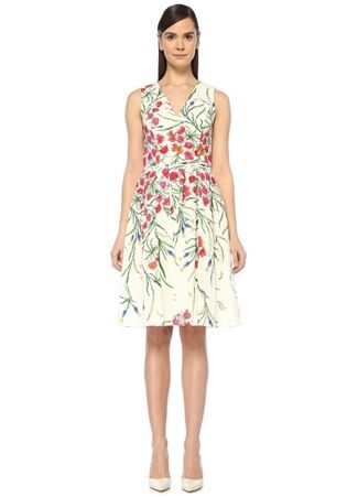 Carolina Herrera Kadın Beyaz V Yaka Çiçekli Pilili Kolsuz Midi Elbise 6 US