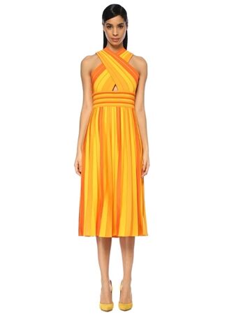 Carolina Herrera Kadın Turuncu Halter Yaka Çizgili Midi Triko Elbise M EU