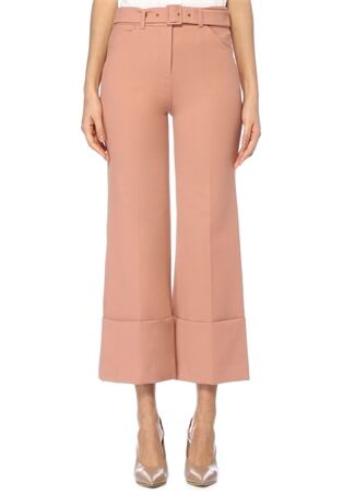 Sara Battaglia Kadın Pembe Beli Kemerli Bol Paça Crop Pantolon 38 FR