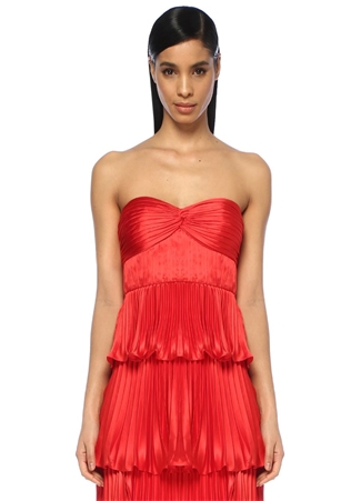 Amur Kadın Cash Kırmızı Straplez Pilili Peplum Saten Bluz Turuncu 4 US