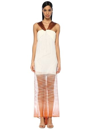 Missoni Kadın Beyaz Boyundan Bağlı Ucu Çizgili Maksi Elbise Kahverengi 42 IT