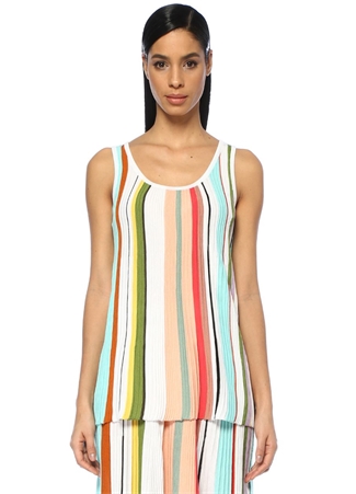 Missoni Kadın Bisiklet Yaka Renkli Çizgili Ribli Kolsuz Bluz Beyaz 42 IT