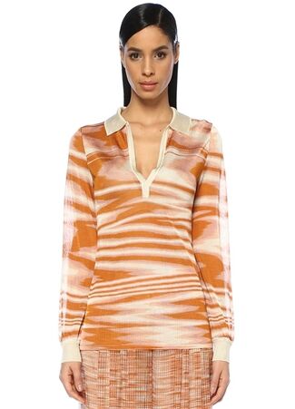 Missoni Kadın Hardal V Yaka Çizgili Uzun Kol Bluz Kahverengi 42 IT