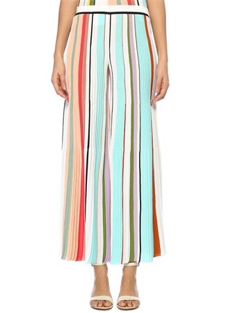 Missoni Kadın Yüksek Bel Renkli Çizgili Ribli Bol Paça Pantolon Beyaz 40 IT