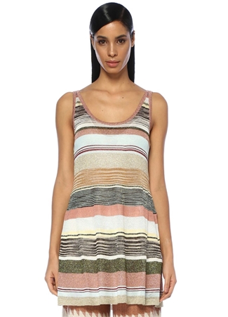Missoni Kadın U Yaka Simli Çizgili Kolsuz Tunik Altın Rengi 40 IT
