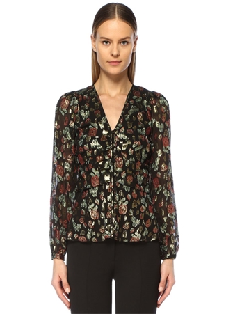 Veronica Beard Kadın Joyce Siyah V Yaka Çiçekli Drapeli İpek Gömlek 4 US