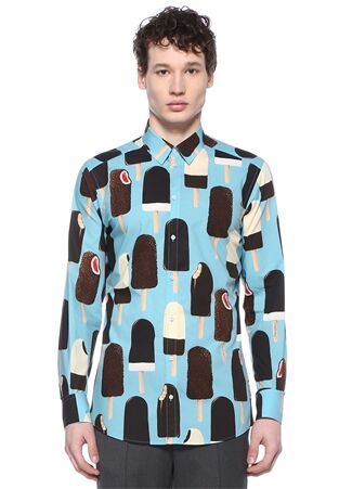 Dolce&Gabbana Erkek Mavi İngiliz Yaka Baskılı Gömlek 42 IT