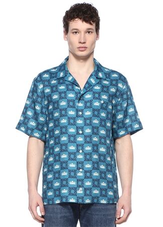 Dolce&Gabbana Erkek Mavi Mikro Logo Baskılı Apaç Yaka Keten Gömlek 42 IT
