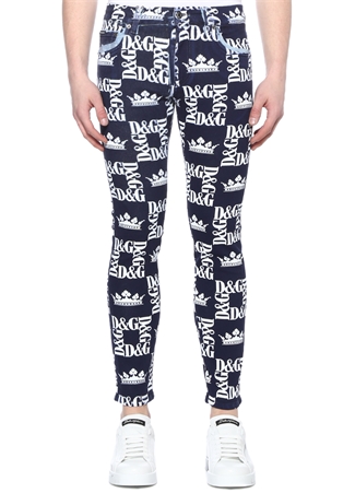 Dolce&Gabbana Erkek Skinny Fit Lacivert Logo Baskılı Jean Pantolon 46 IT