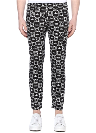 Dolce&Gabbana Erkek Skinny Fit Siyah Beyaz Logo Baskılı Spor Pantolon 46 IT