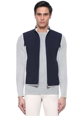 Kiton Erkek Lacivert Beyaz Dik Yaka File Garnili Yelek 50 IT