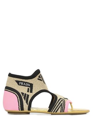 Prada Kadın Gold Siyah Jakarlı Çorap Formlu Sandalet Altın Rengi 37 EU