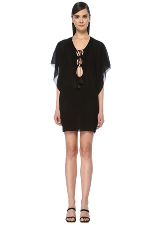 Kadın Siyah V Yaka Bağcıklı Mini Kaftan Elbise 36 IT