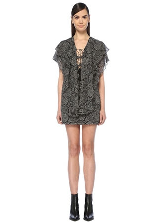 Kadın Siyah V Yaka Şal Desenli Volanlı Mini İpek Elbise 36 IT