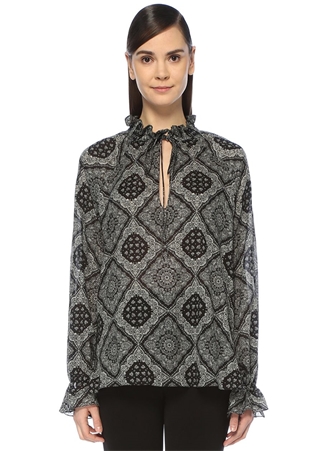 Kadın Pirate Siyah Şal Desenli Krep Bluz 36 IT