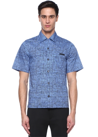 Prada Erkek Mavi Siyah İngiliz Yaka Kareli Gömlek S EU