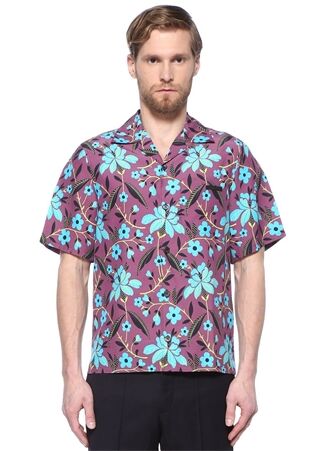 Prada Erkek Mor Apaç Yaka Çiçek Desenli Gömlek Bordo S EU