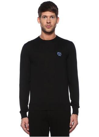 Prada Erkek Siyah Mavi Logo Jakarlı Yün Kazak 52 IT