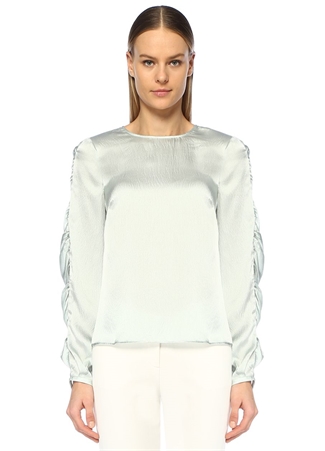 Amur Kadın Alena Mavi Bisiklet Yaka Kolları Büzgülü İpek Bluz XS EU