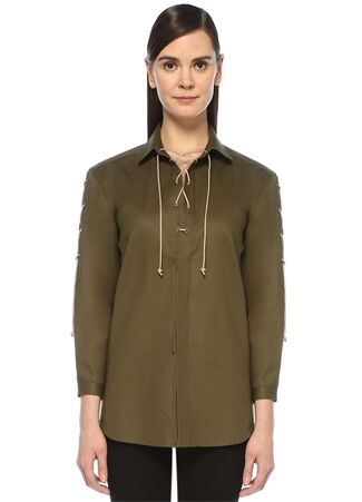 Kadın Haki Kuşgözü Detaylı Bağcıklı Gömlek 38 IT