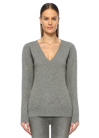 Tru Kadın Gri V Yaka Asimetrik Cashmere Merino Triko S/M EU