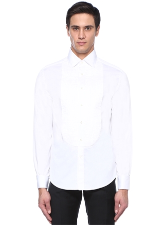 Brunello Cucinelli Erkek Slim Fit Beyaz Nervürlü Smokin Gömleği XXL EU