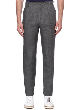 Brunello Cucinelli Erkek Leisure Fit Gri Çift Pilili Keten Pantolon 46 IT