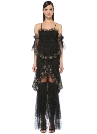 Alice McCall Kadın Stillness Siyah Omzu Açık Simli Maksi Tül Elbise 0 US