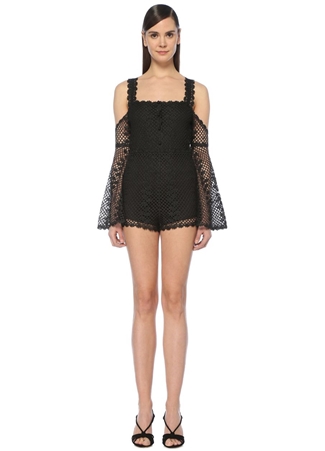 Alice McCall Kadın Follow Me Siyah Omzu Açık File Dokulu Mini Tulum 8 US