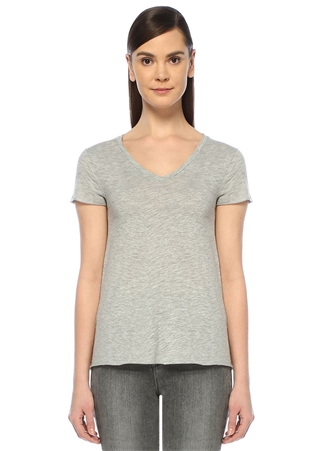 American Vintage Kadın Jacksonville Gri Melanj V Yaka Basic T-shirt L EU