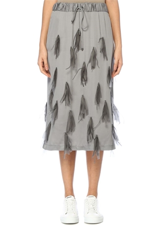Fabiana Filippi Kadın Gri Beli Bağcıklı Tüy Aplike Detaylı Midi Etek 40 IT