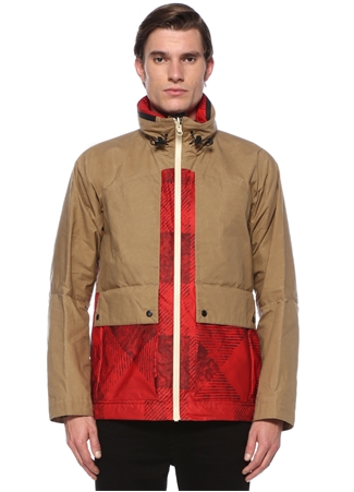 WOOLRICH Erkek Bej Kırmızı Kapüşonlu Çift Taraflı Puff Mont XL EU