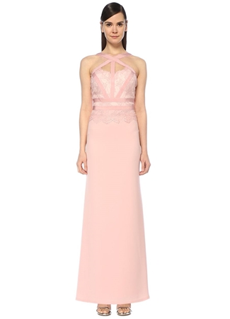 Tadashi Shoji Kadın Gilmore Pembe Çapraz Askılı Dantelli Maksi Elbise 4 US
