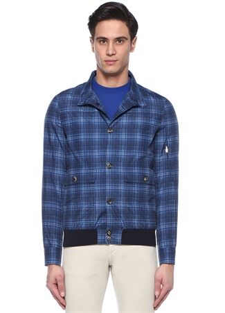 Isaia Erkek Mavi Ekose Desenli Dik Yaka Mont M EU