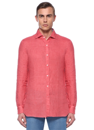 Isaia Erkek Kırmızı İngiliz Yaka Keten Gömlek 42 IT