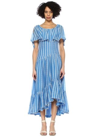 Tory Burch Kadın Mavi Asimetrik Nakışlı Maksi Organza Elbise 6 US