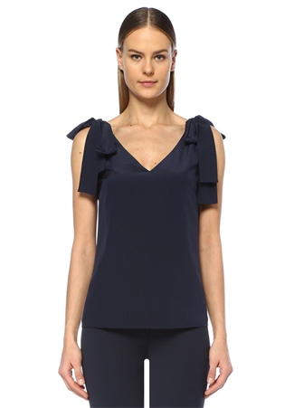 Tory Burch Kadın Lacivert V Yaka Omzu Bağcıklı Kolsuz İpek Bluz 4 US