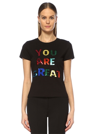 Alice+Olivia Kadın Rylyn Siyah Renkli Yazı İşlemeli T-shirt S EU