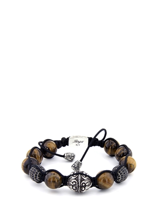 Boga Erkek Kaplan Gözü Boncuklu Gümüş Rengi Bileklik Kahverengi EU