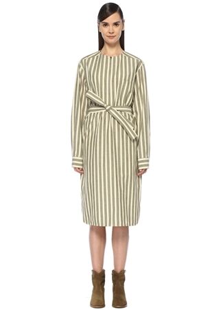 Golden Goose Kadın Haki Ekru Çizgili Beli Kuşaklı Midi Gömlek Elbise Beyaz M EU