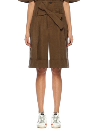 Golden Goose Kadın Naomi Kahverengi Kuşaklı Pilili Oversize Şort Haki M EU