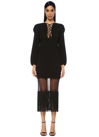 Dundas Kadın Siyah Önü Bağcıklı Püsküllü Uzun Kol Midi Elbise 40 IT